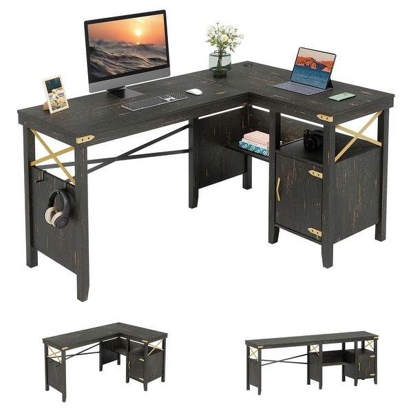 60 in. Farmhouse L Shaped Computer Desk with Storage Cabinet and Bookshelf Wash Grey