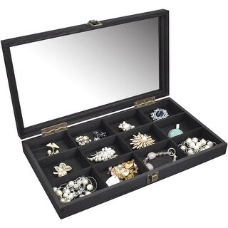 Wooden Jewelry Storage Tray Box with Glass Lid-12 Compartments - Black ...
