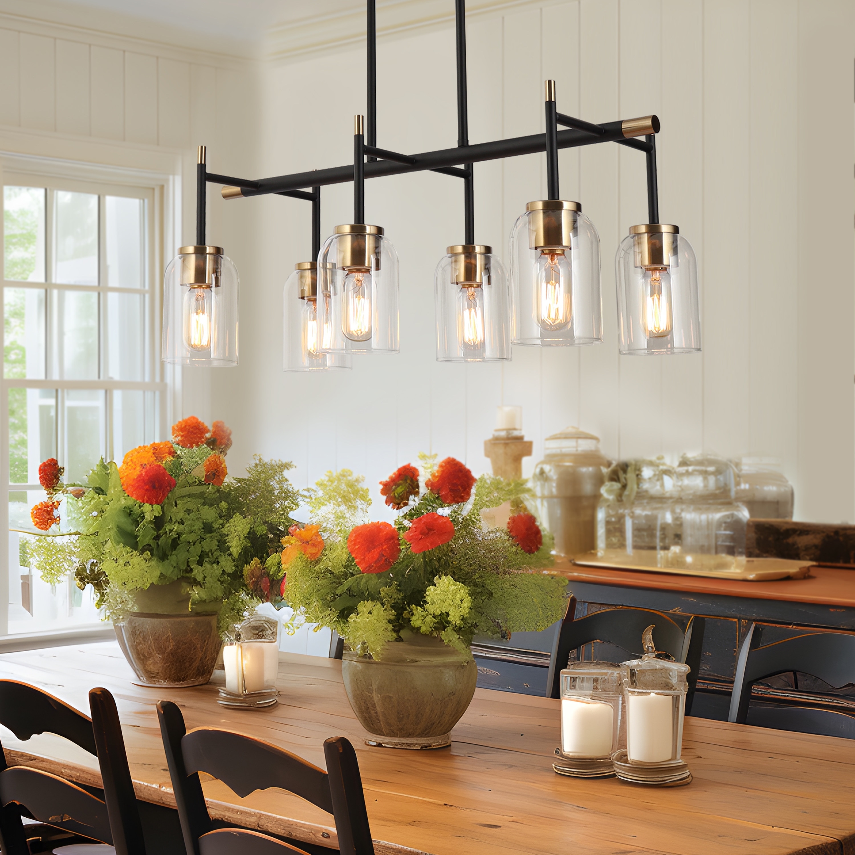 Modern 5-Light Black Gold Linear Chandelier Clear Glass Kitchen Island ...