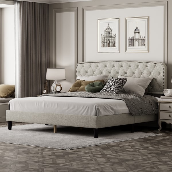 King size Adjustable Headboard with Fine Linen Upholstery and Button ...