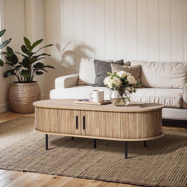 LuxenHome Mid Century Modern Coffee Table with Storage and Slatted Sliding Doors