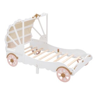 Princess Carriage Bed for Girls, Cute Platform Car Bedframe w/Canopy ...