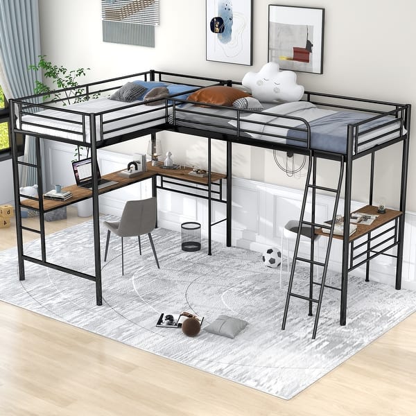 L-Shaped Bunk Bed Metal Loft Bed with 2 Built-in Desks - Bed Bath ...