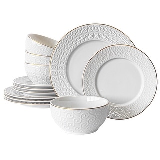 12 Piece Embossed White Stoneware Dinnerware Set - Bed Bath & Beyond ...