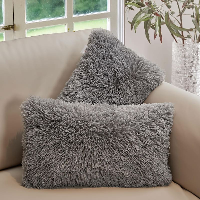 Cheer Collection 12"x20" Shaggy Long-hair Throw Pillows (Set of 2) - On ...