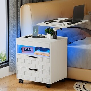 Adjustable Height Nightstand with Charging Station, LED Light, 2 ...