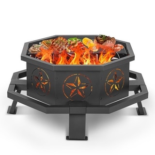 35 inch Octagonal Fire Pit with Cooking Grill, Outdoor Fire Pit, Wood ...