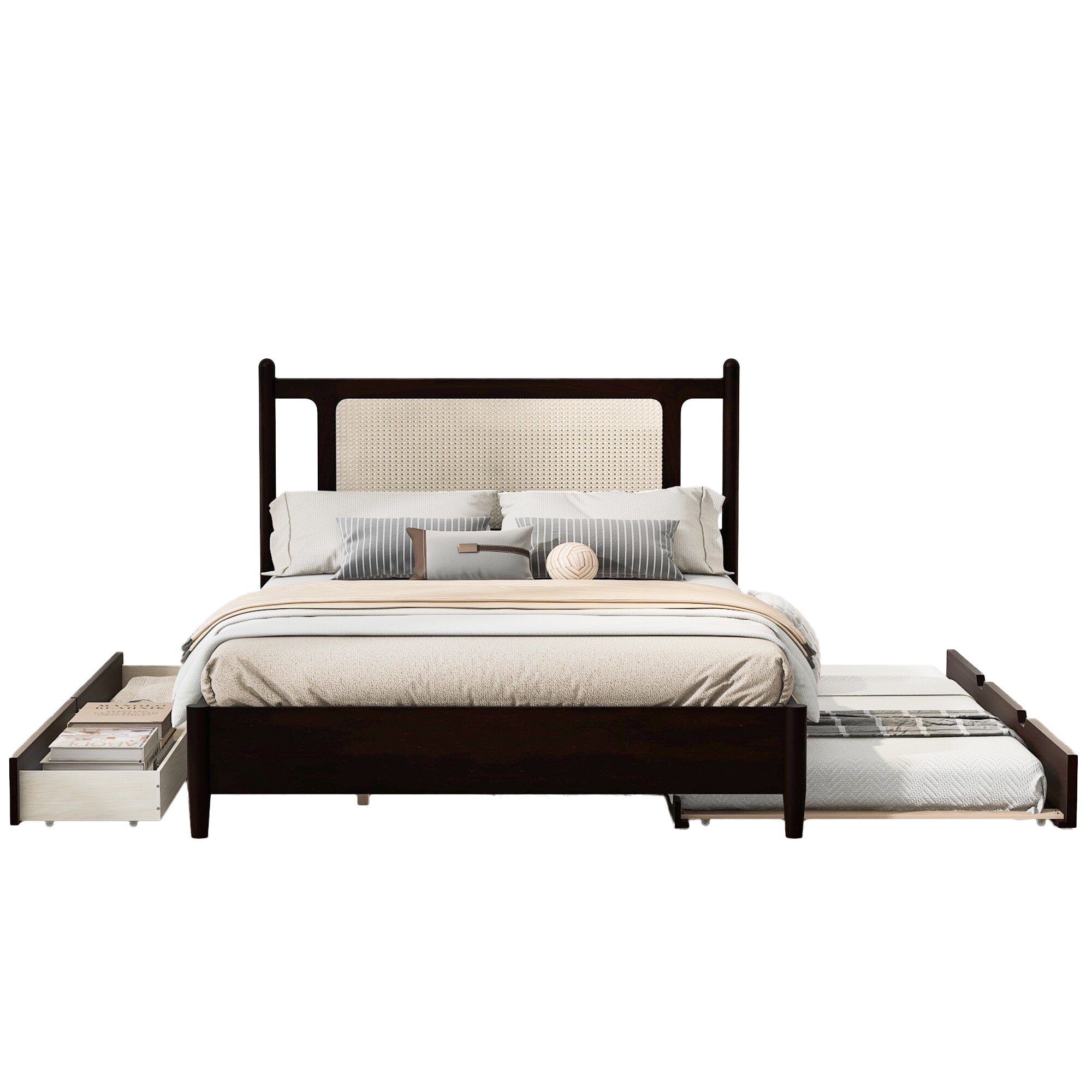 Queen Size Wood Bed Frame with Rattan Headboard Boho Mid Century Style Platform Bed Frame No Box Spring Needed Espresso Bed Bath Beyond 41168117