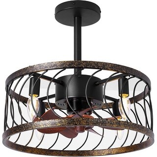 Small Caged Ceiling Fans with Lights, Black Industrial Ceiling Fan with ...