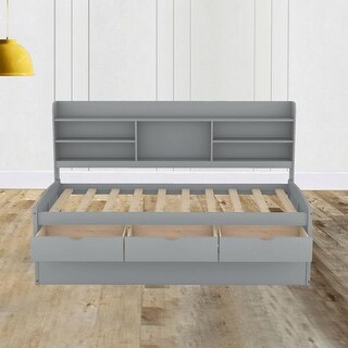 Twin Size Captain Platform Bed Frame with Bookcase, Trundle and 3 ...