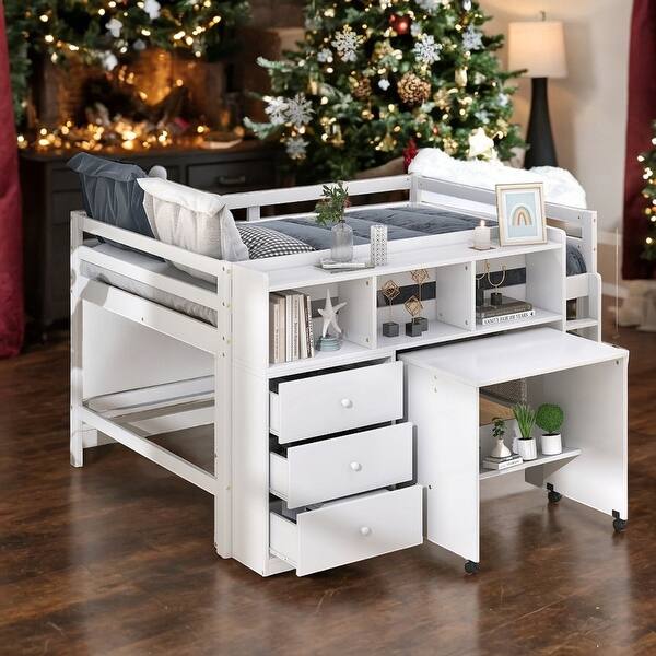 Full Loft Bed with Rolling Portable Desk, Drawers and Shelves, White ...