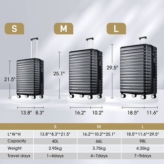 Black Rolling Luggage Expandable 3 Piece Sets Adjustable Telescoping ...