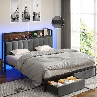 Full Bed Frames with Storage Headboard and Drawers, Platform Bed Frame ...