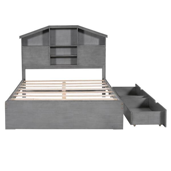 Modern Grey Wood Platform Bed with House-shaped Storage Headboard and 2 ...