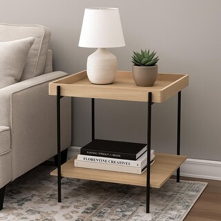 Allen Side End Table, Tray Top, Shelf 23 Inch Brown Wood, Black Metal ...