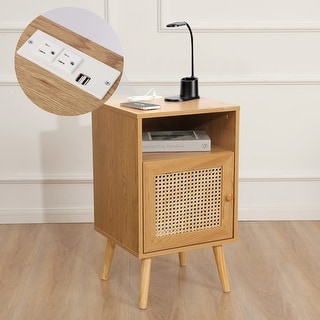 Rattan Nightstand with Charging Station USB Ports & Power Outlets, Boho ...