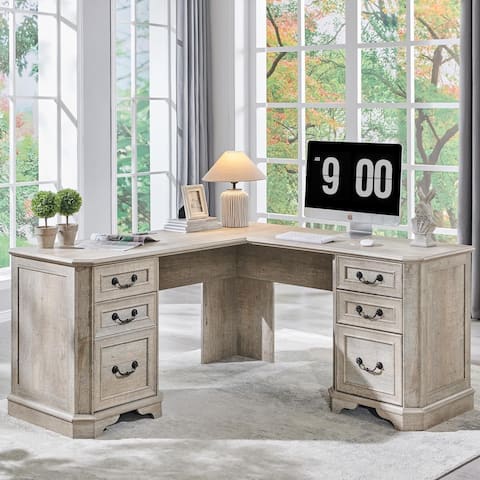 Farmhouse Executive Desk with Drawers, Wood Home Office Computer Desk ...