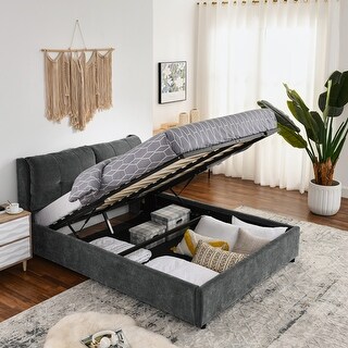 Chenille Upholstered Queen Storage Bed with Hydraulic Lift and ...
