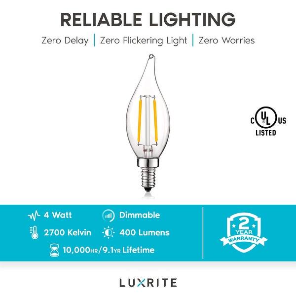 Luxrite 4W Vintage Candelabra LED Bulbs Dimmable, 400 Lumens, 40W ...