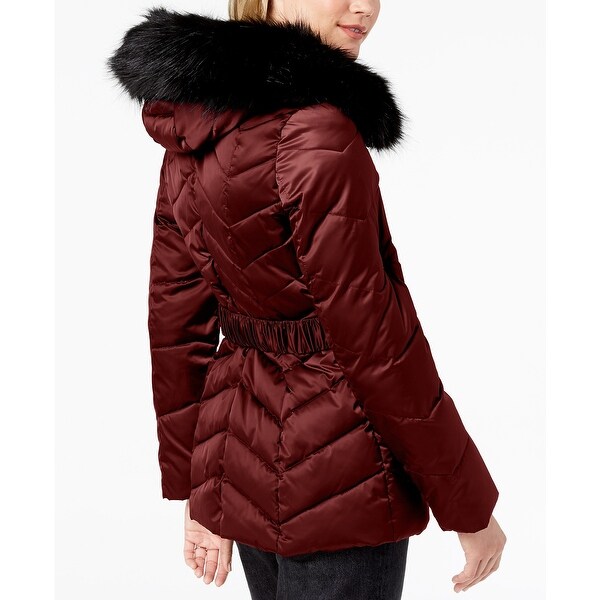 T Tahari Women's Leon Faux Fur Trim Hood Belted Coat Short Jacket ...