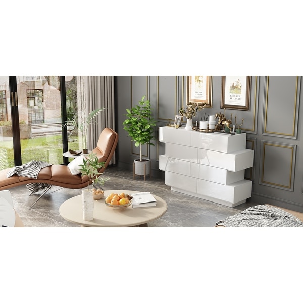 High Gloss White Eight Drawer Dresser with Modern Design and Storage Chest