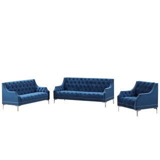 Button Tufted Deep Seat Sofa Set, Blue Frosted Velvet Sofa with Rivets ...