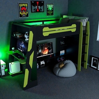 Twin Loft Bed with Desk and Storage Shelves, Gaming Loft Bed Frame with ...