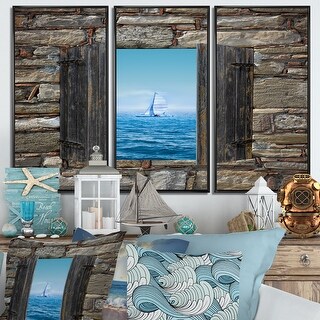 Designart "Window Open To Sailing Boat" Sea & Shore Framed Artwork Set ...