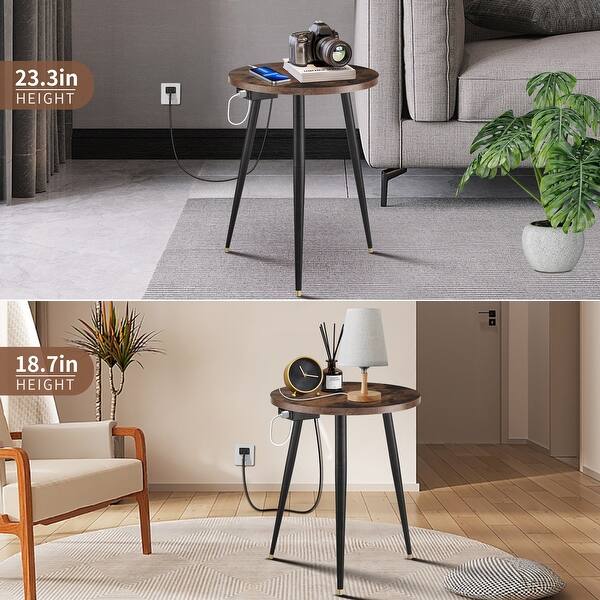 Tripod Desk Brown Circular Wood Desktop USB Charging Ports AC Outlet ...