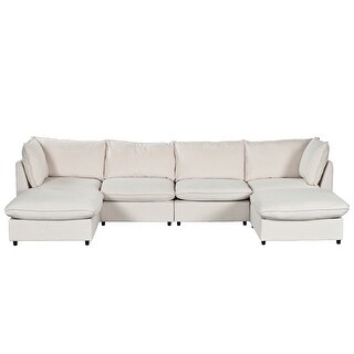 Beige U-shaped Sectional Sofa with Removable Cushions and Ottoman Chaise Loung, Polyester Fabric ...