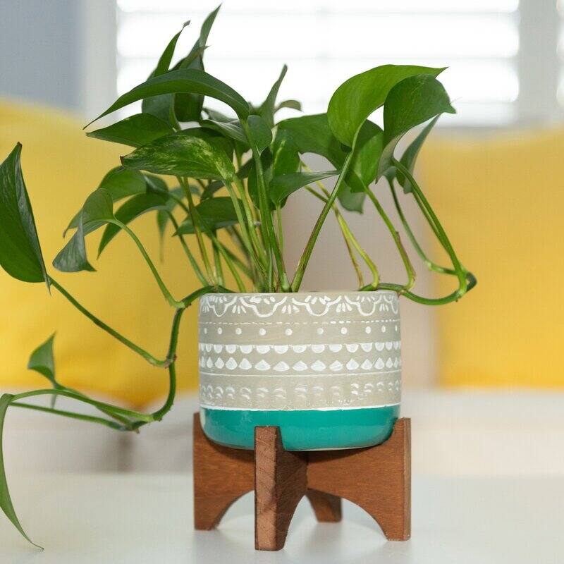 Mid-Century Modern Planter 5" Mayan Ceramic 2-Tone on Wood Stand ...