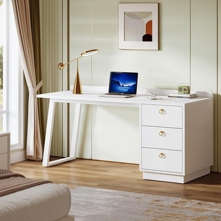 White Computer Desk with Drawers, 55 Inches Modern Home Office Desk ...
