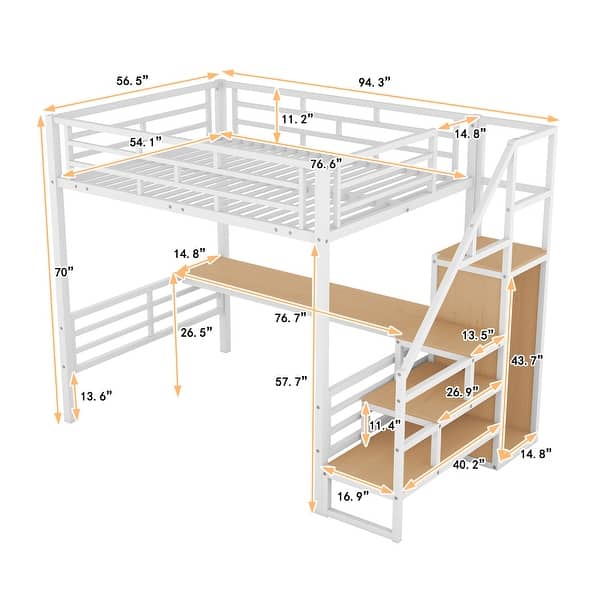 White Modern Simple Full Size Wood Loft Bed with Hanging Clothes Racks ...