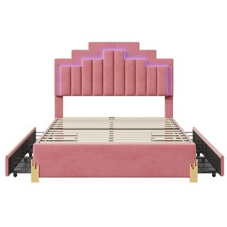 Pink Storage Platform Bed w/ LED, 4 Drawers, Irregular Metal Bed Legs ...