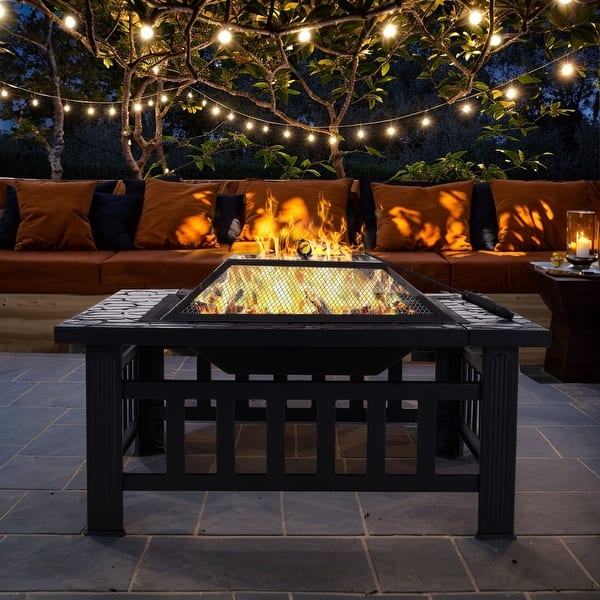 32Inch Outdoor– Wood Burning Fire Pit with Mesh Lid and Fire Picker ...