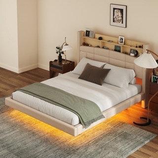 Queen Size Upholstered Floating Bed with LED and Storage Headboard ...