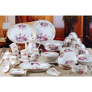 Luxury Design fine bone china 60 pc dinnerware purple pink floral hand ...