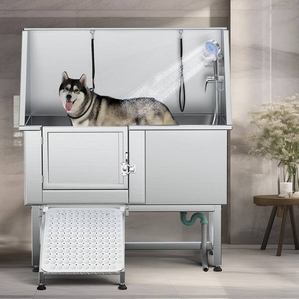 50'' W Stainless Steel Adjustable Pet Grooming Tub with Steps Ramp ...