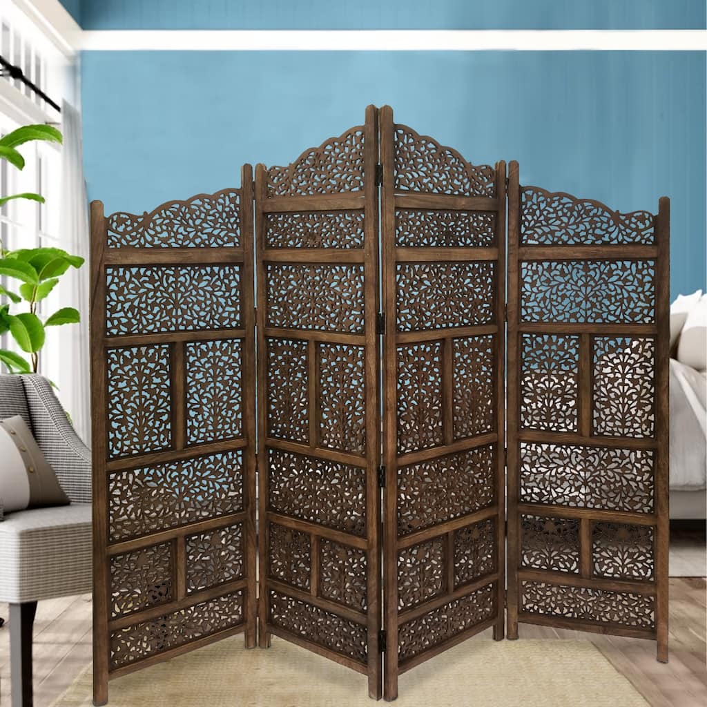 Benzara Hand Carved Foldable 4 Panel Wooden Partition Screen ...