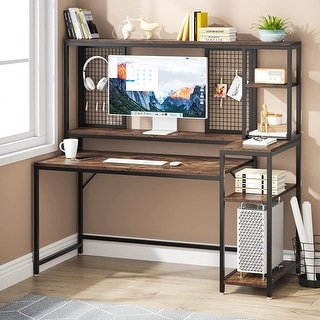Industrial Brown Computer Gaming Desk with Hutch and Monitor Stand,Home ...