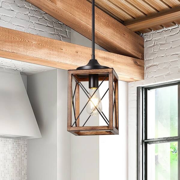 Vintage 1-Light Cuboid Frame Brown Wood Grain Hanging Lamp - Bed Bath ...