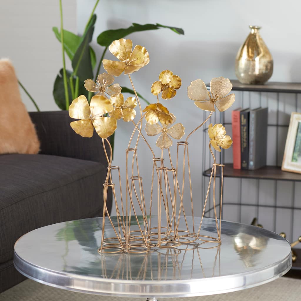 Gold Metal Floral Decorative Sculpture with Wire Vases and Mesh Netting ...