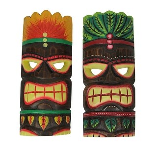 12 Inch Carved Wood Tiki Mask Headdress Wall Sculptures (Set Of 2 ...