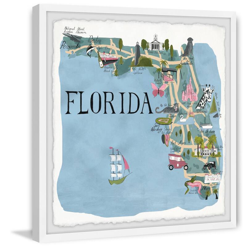 'Illustrated Map of Florida' Framed Painting Print - Overstock - 33068802