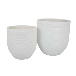 16 Inch Planter Set of 2, Round Shape, Carved White Finished Resin ...