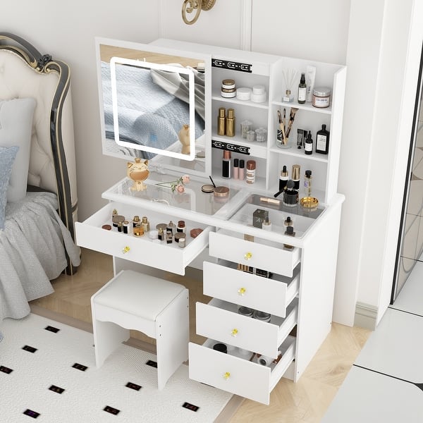 Vanity Desk Makeup Table Sliding Lighted Dressing Table Glass Top - Bed ...