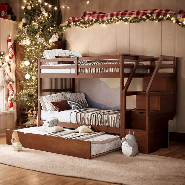 Twin Over Twin Bunk Bed with Trundle and 3 Storage Stairs Walnut Bed Bath Beyond 42002462