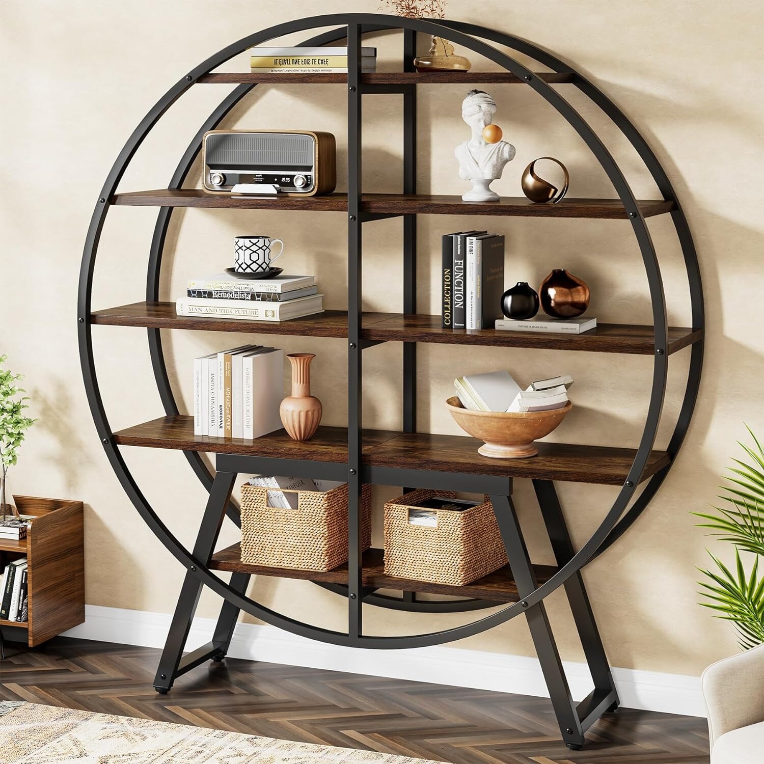 67" Round Bookshelves, Geometric Display Open Book Shelf, Heavy-Duty ...