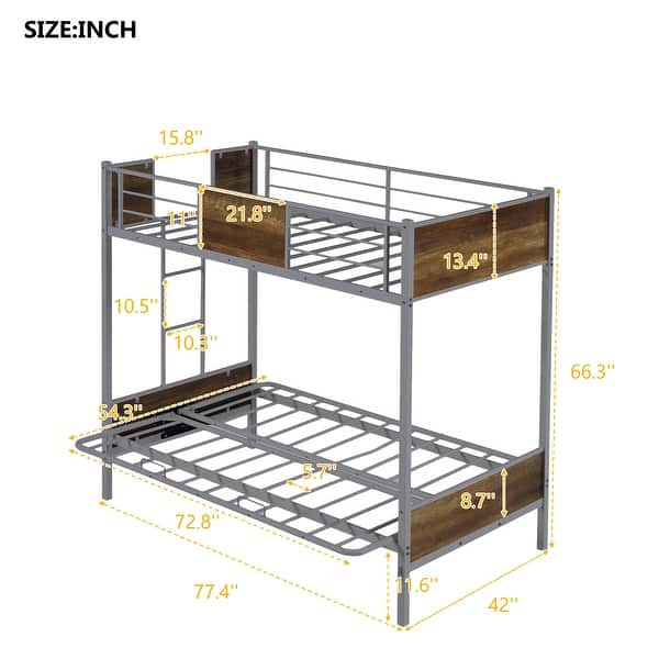 Twin-Over-Futon Metal Bunk Bed Frame with Guardrails and Ladder - Bed ...