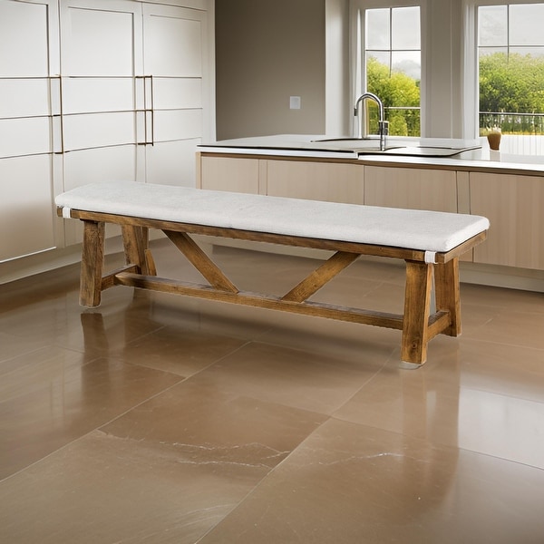 Benjara Jule Dining Bench Trestle Base 69 inch Brown Wood with Off White Seat